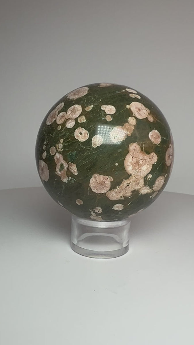 Rhyolite Pink Flower Green Sphere – Wandering Stones